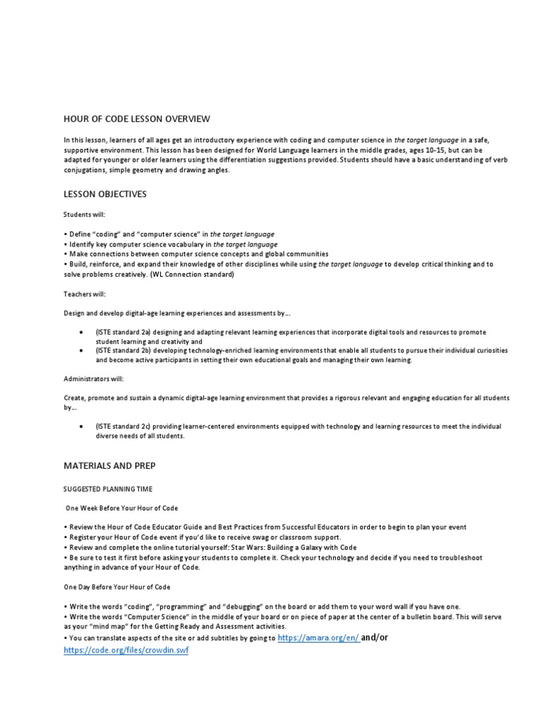 Hour of Code Lesson Plan For WL Teachers | PDF | Computer Programming ...