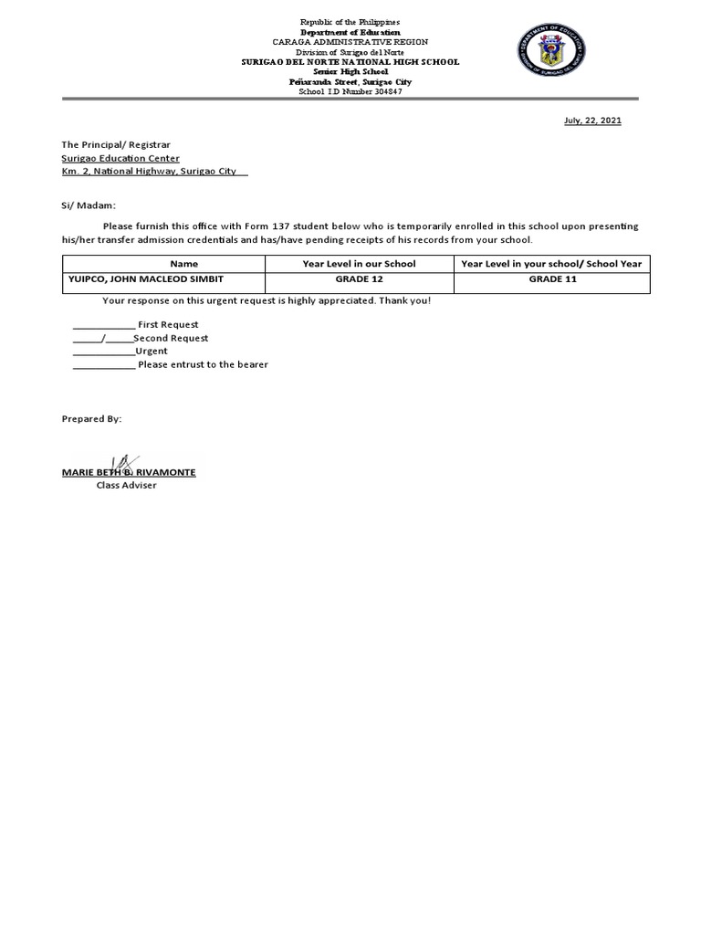 Letter Request For Permanent Record | PDF