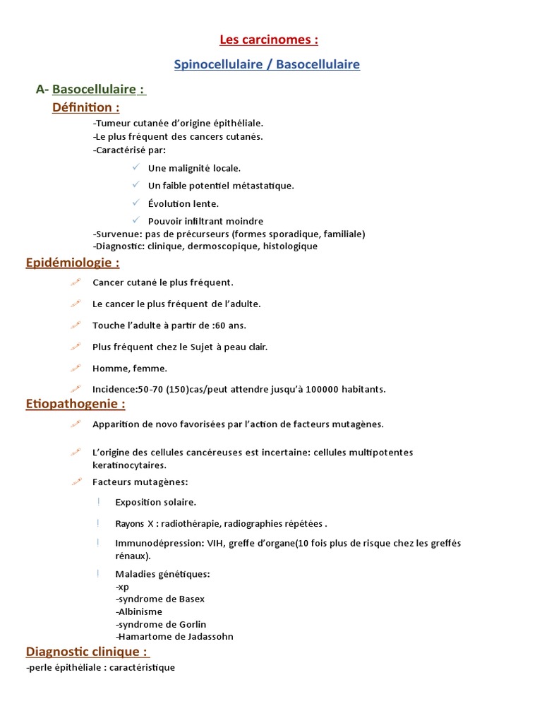 Carcinomes cutanés : Basocellulaire et Spinocellulaire | PDF ...