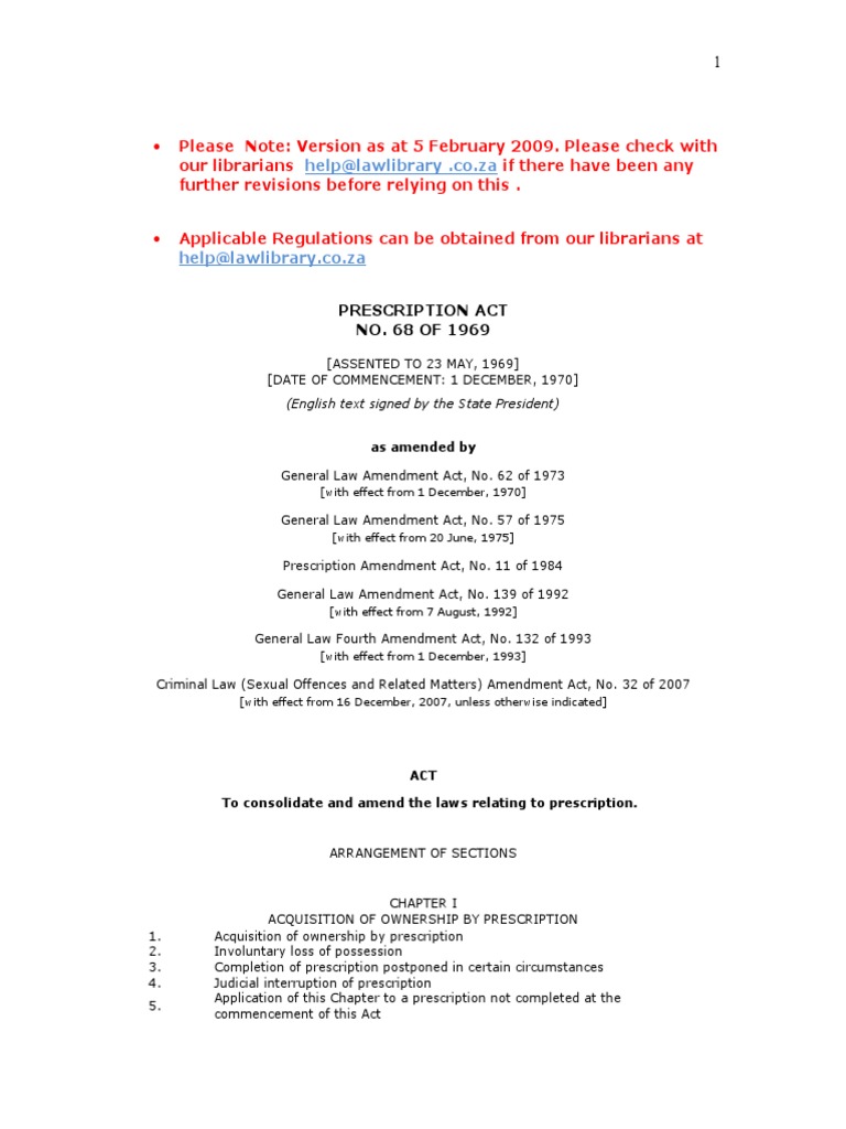 PRESCRIPTION ACT 68 OF 1969 With Caveat | PDF | Creditor | Debt