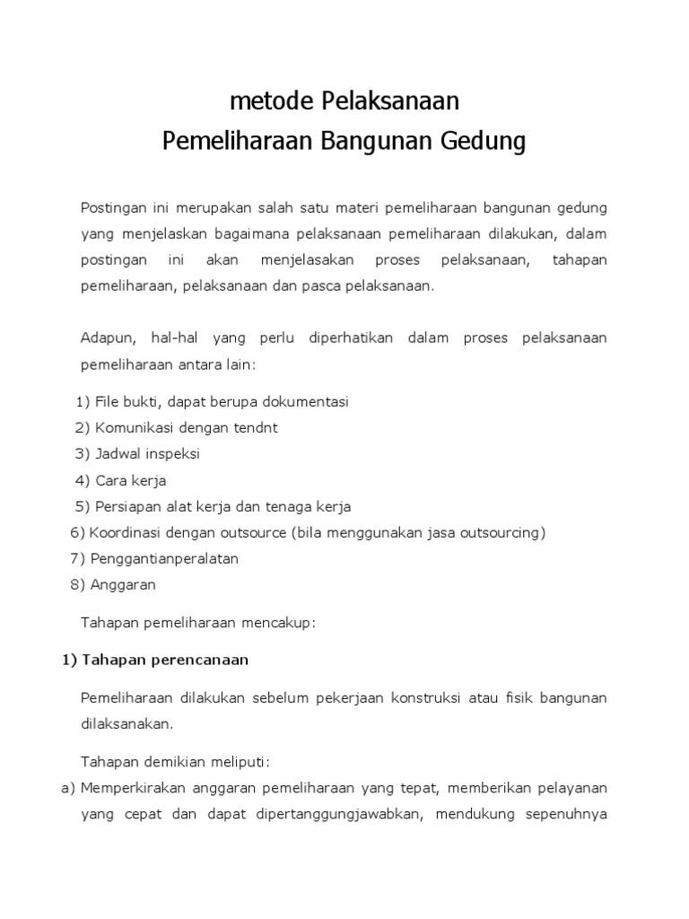 Metode Pelaksanaan Pemeliharaan Bangunan Gedung | PDF