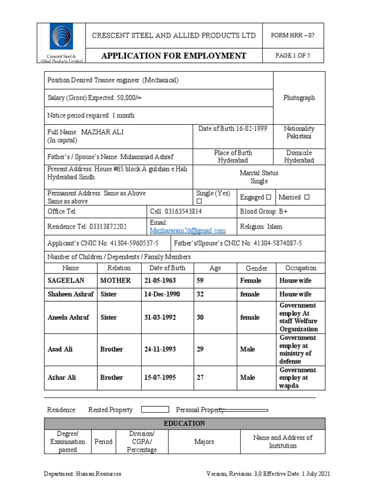 Employment Application for Trainee Engineer | PDF | Employment