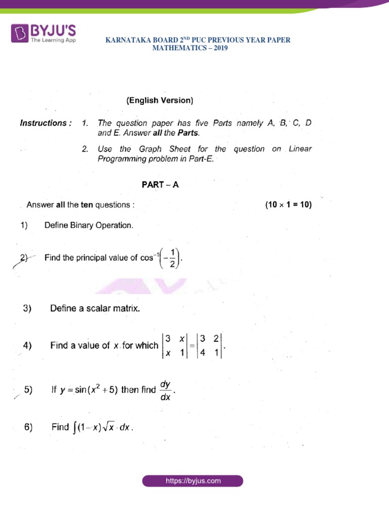 Karnataka Board 2nd PUC Mathematics Previous Year Paper 2019 | PDF
