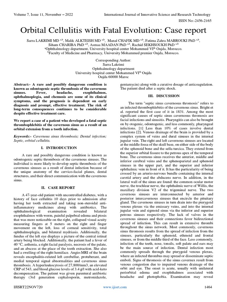 Orbital Cellulitis With Fatal Evolution Case Report | PDF