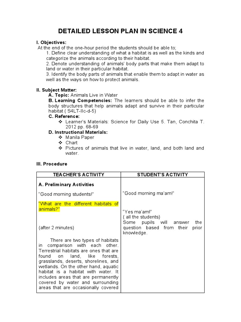 Grade 4 Lesson Plan: Animal Habitats | PDF | Habitat | Lesson Plan
