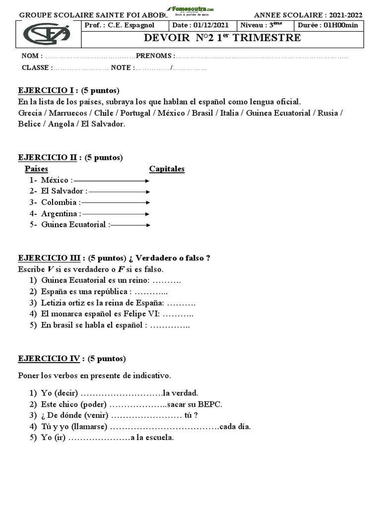Devoir Espagnol 3ème | PDF