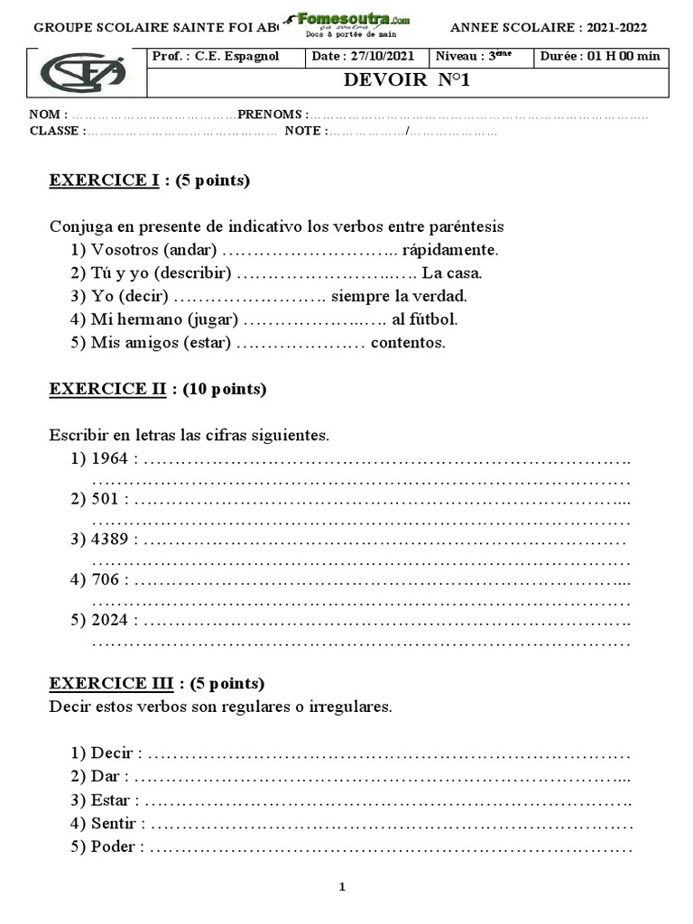 Devoir Espagnol 1 | PDF