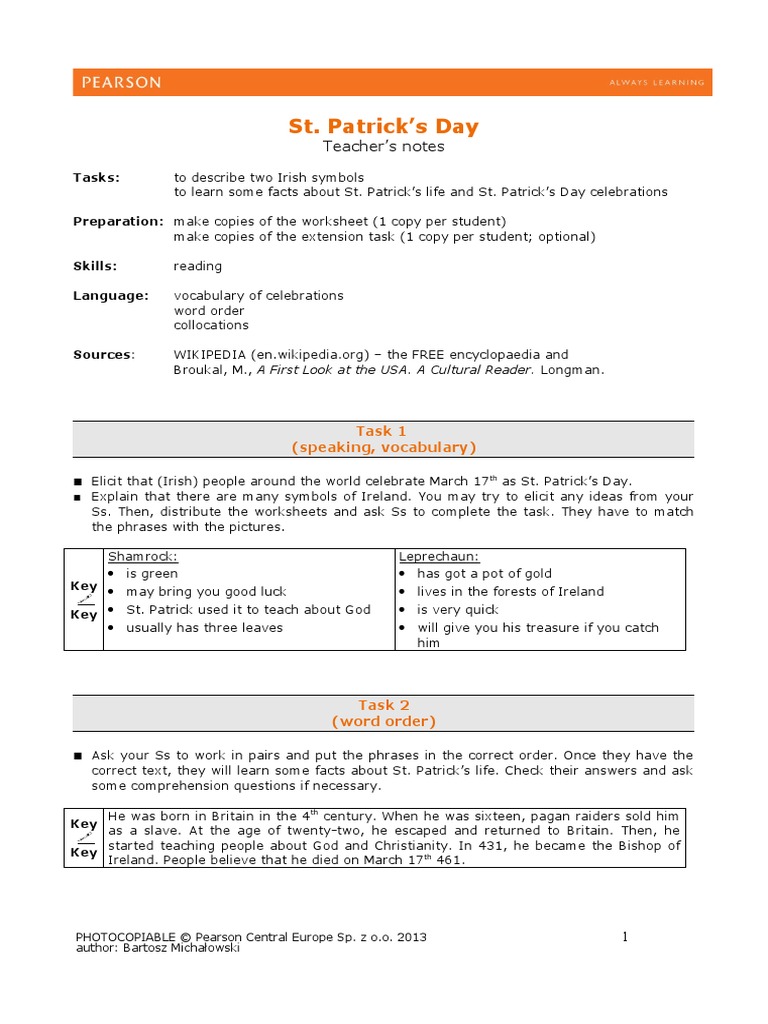 Festival Worksheets St. Patrick S Day Elementary Teacher S Notes ...