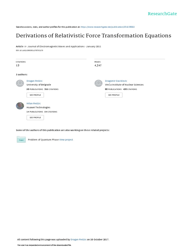 Derivations of Relativistic Force Transformation E | PDF | Special ...