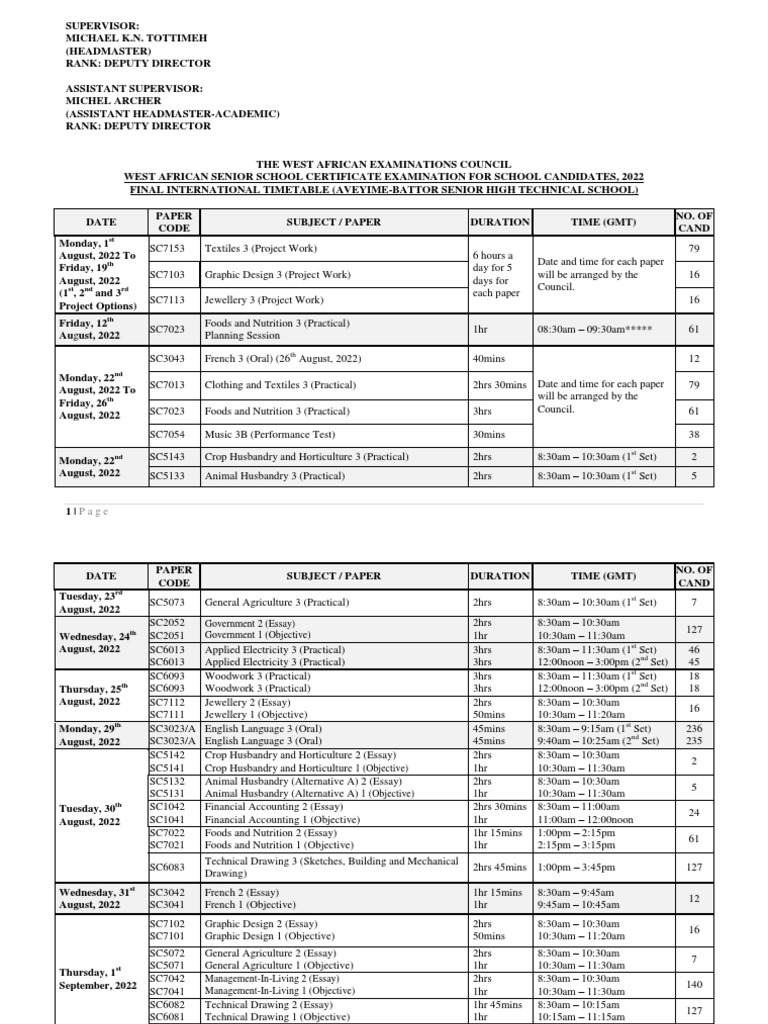 2022 WASSCE TIMETABLE May 2022 | PDF
