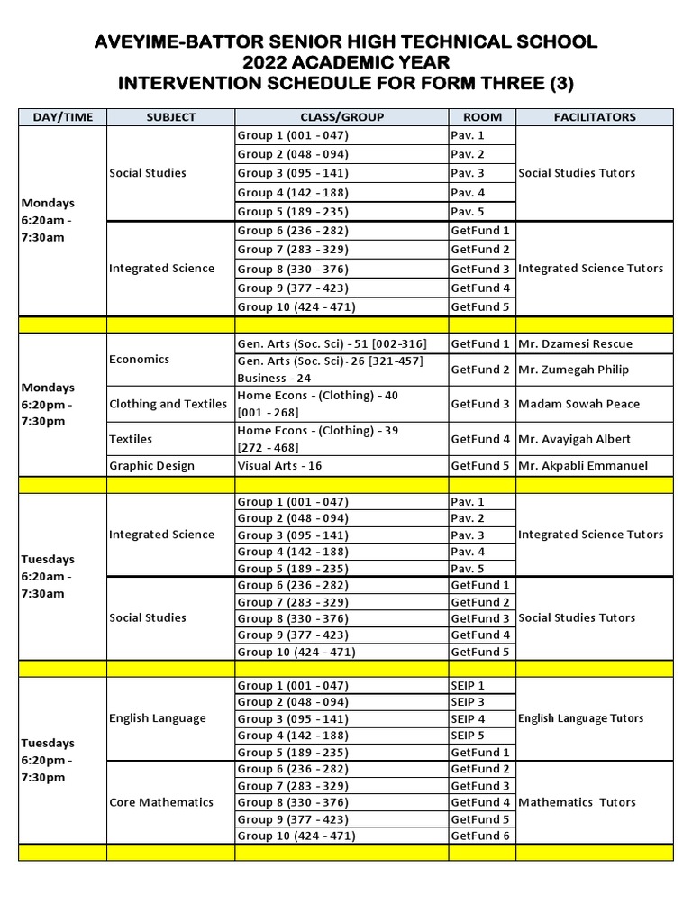 2022 Intervention Schedule Revised | PDF | The Arts | Science