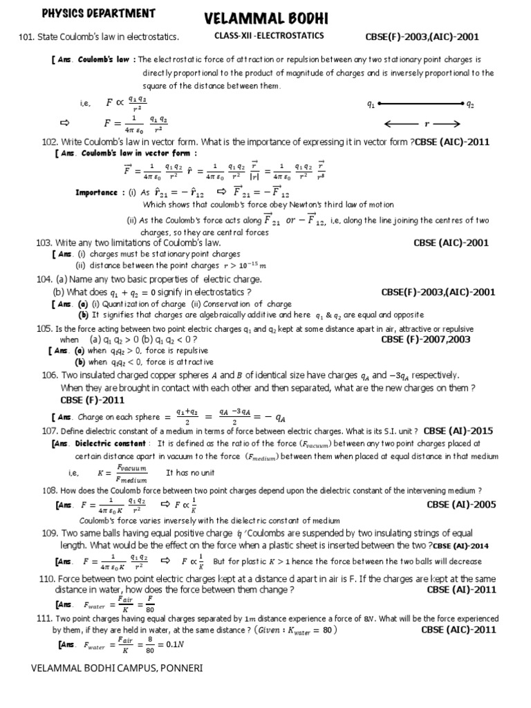 Physics Electrostatics Board Material | PDF | Physical Quantities ...
