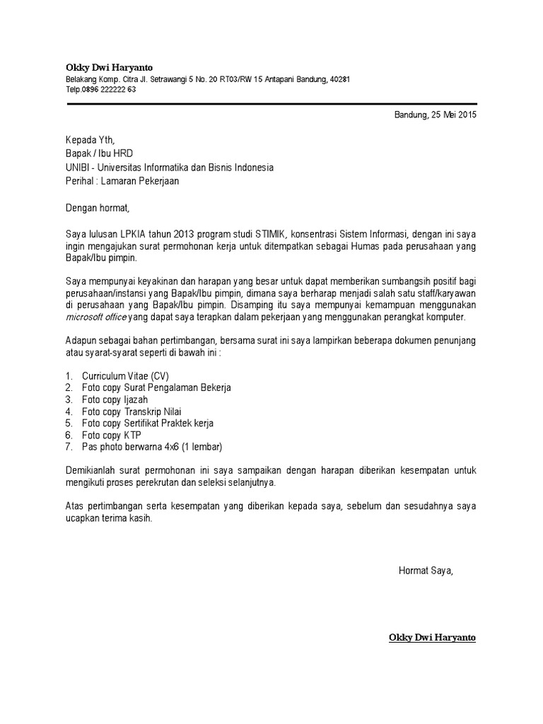 Surat Lamaran Baru Okky | PDF