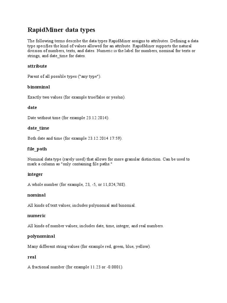 RapidMiner Data Types | Download Free PDF | Cluster Analysis | Data Type