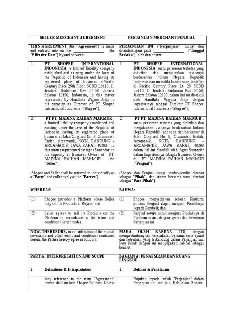 Shopee ID - Seller Merchant Agreement (Template) | PDF