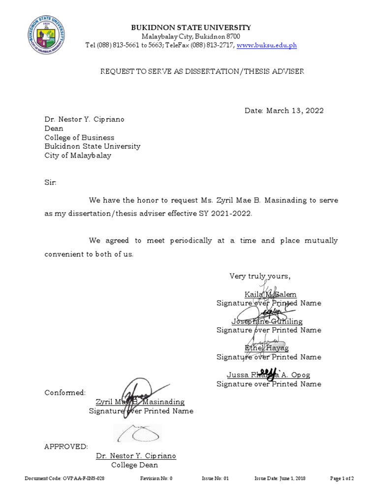 REQUEST FOR THESIS ADVISER Masinading | PDF | Thesis