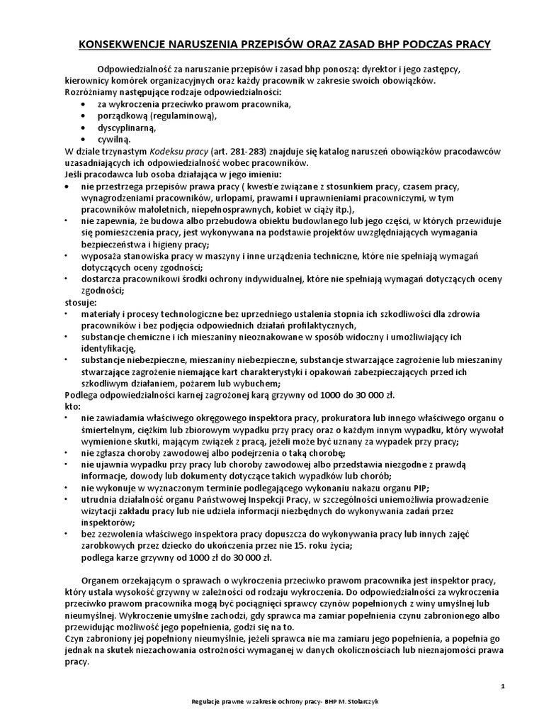 Konsekwencje Naruszenia Przepisów Oraz Zasad BHP | PDF