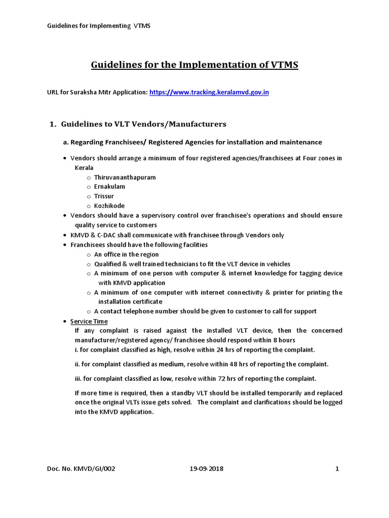 VTMS Implementation Guidelines for Kerala | PDF | Vehicles ...
