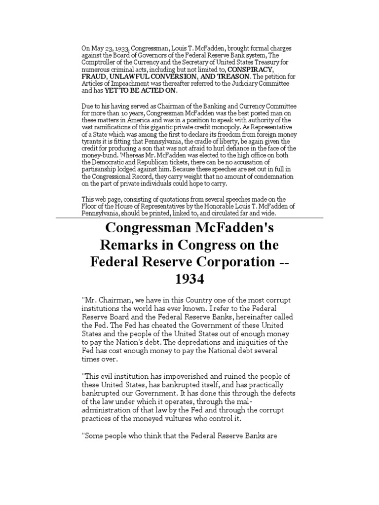 Congressman, Louis T. McFadden's Remarks | PDF | Federal Reserve ...
