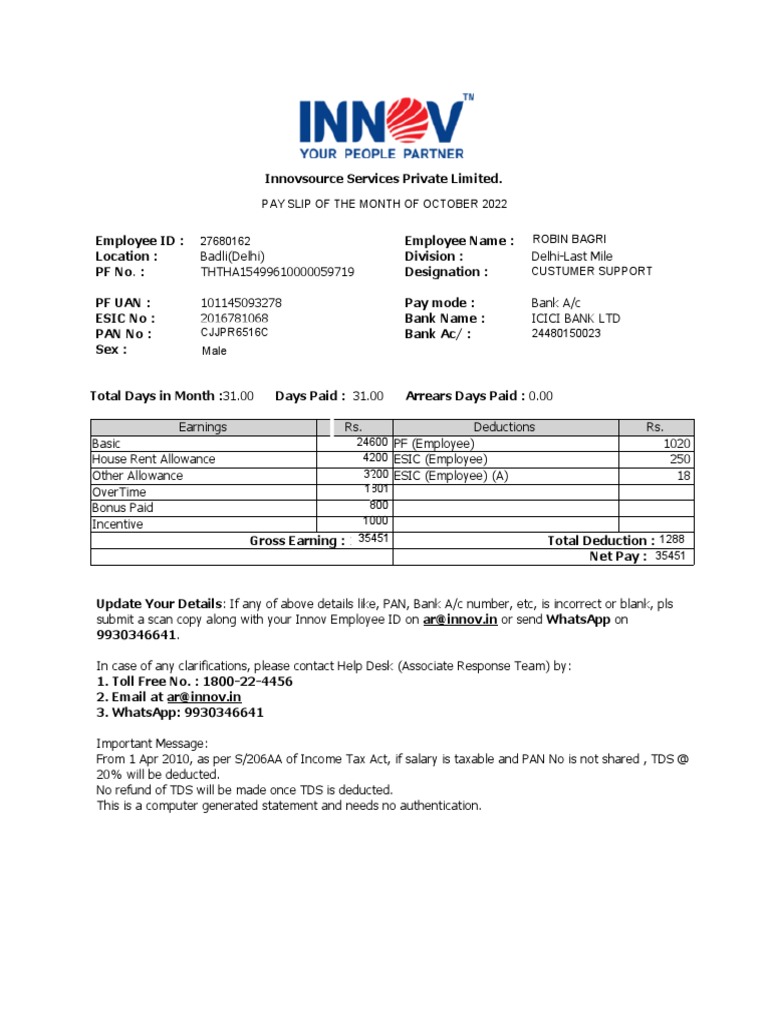 October 2022 Pay Slips for Multiple Delivery Associates at Innovsource ...