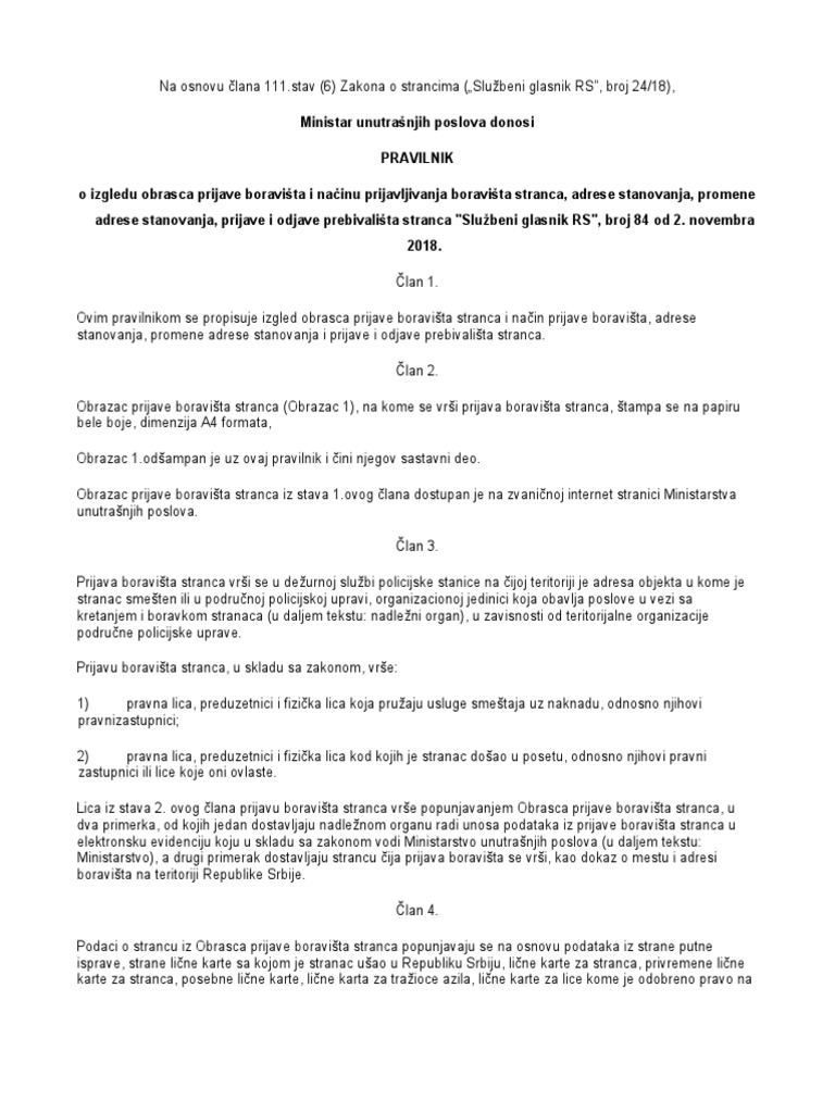 Pravilnik Prijavljivanje Boravista Stranca11 | PDF