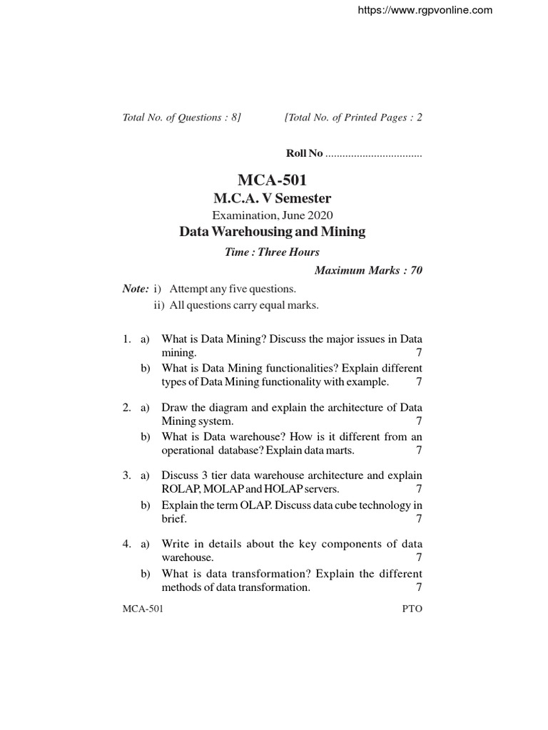 Data Warehousing and Mining Exam Questions | PDF | Data Warehouse ...