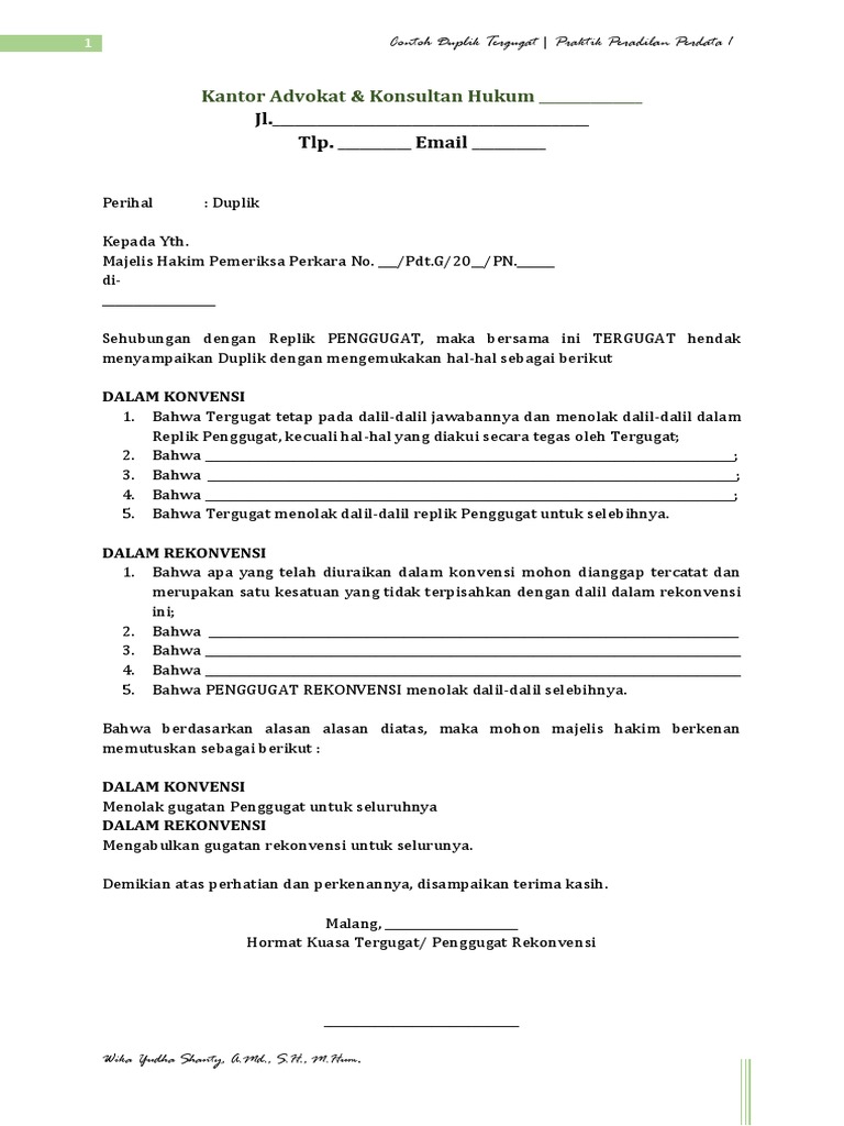 Contoh Duplik Tergugat PDT | PDF