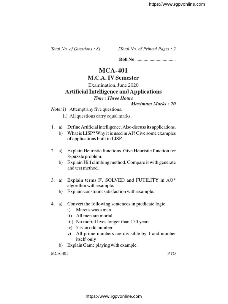 Mca 401 Artificial Intelligence and Applications Jun 2020 | PDF