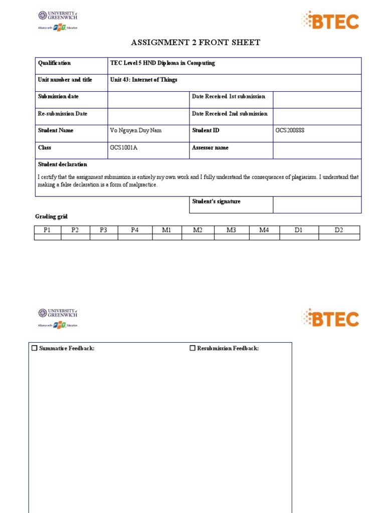 Unit 43 IoT Assignment Front Sheet | PDF