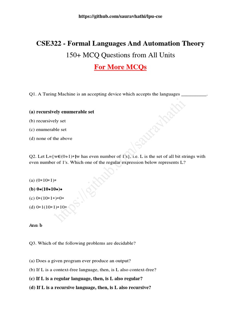 Cse322 Formal Languages And Automation Theory 150 Mcq Questions Pdf Models Of Computation 2643