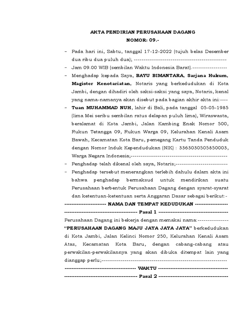 Akta Pendirian Perusahaan Dagang - TPA 2 - BAYU BIMANTARA - Desember2022 | PDF