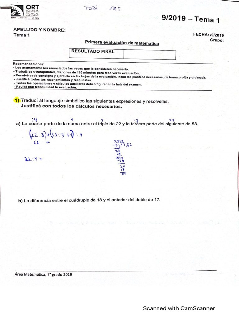 1 de Prueba Matemáticas Ort 7 Mo | PDF