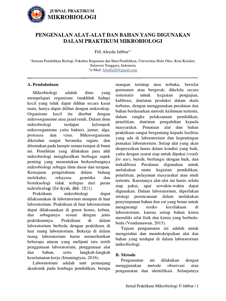 1, Jurnal Pengenalan Alat-Alat Dan Bahan Yang Digunakan Dalam Praktikum Mikrobiologi | PDF