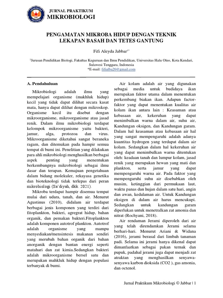 Jurnal Pengamatan Mikroba Hidup Dengan Teknik Lekapan Basah Dan Tetes ...