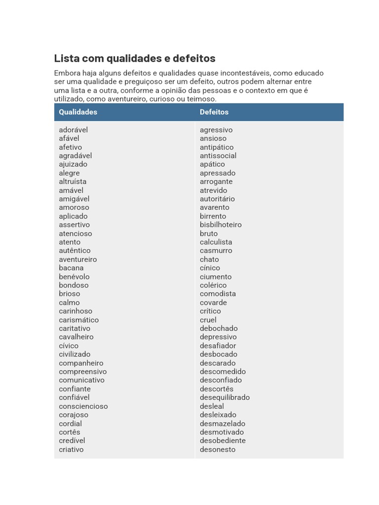 Lista Com Qualidades e Defeitos | PDF