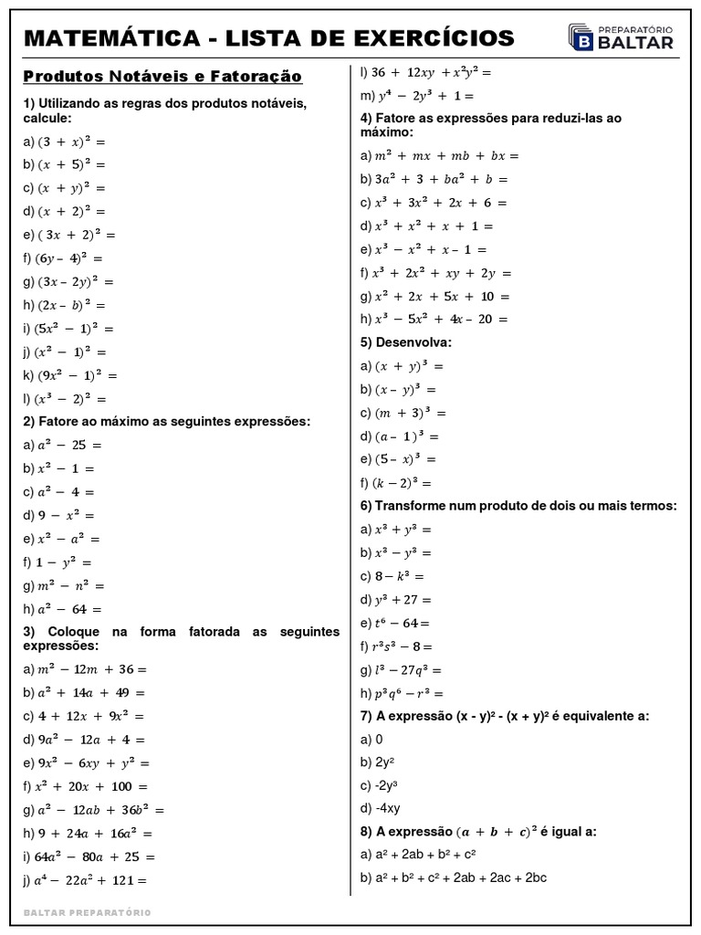 Produtos Notáveis e Fatoração | PDF | Notação matemática | Teoria dos ...
