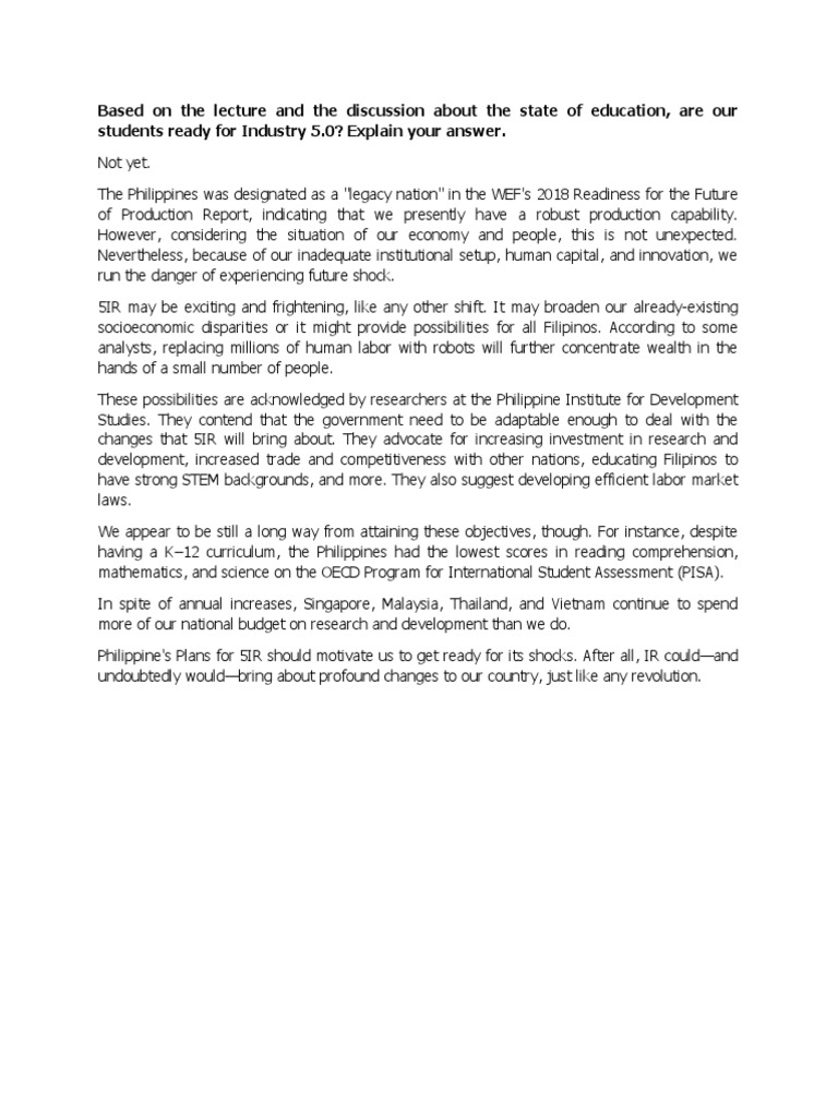 Based On The Lecture and The Discussion About The State of Education, Are Our Students Ready For ...