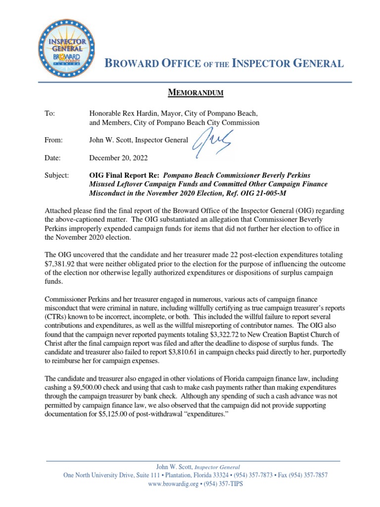 Beverly Perkins OIG Report | PDF | Cheque | Political Action Committee