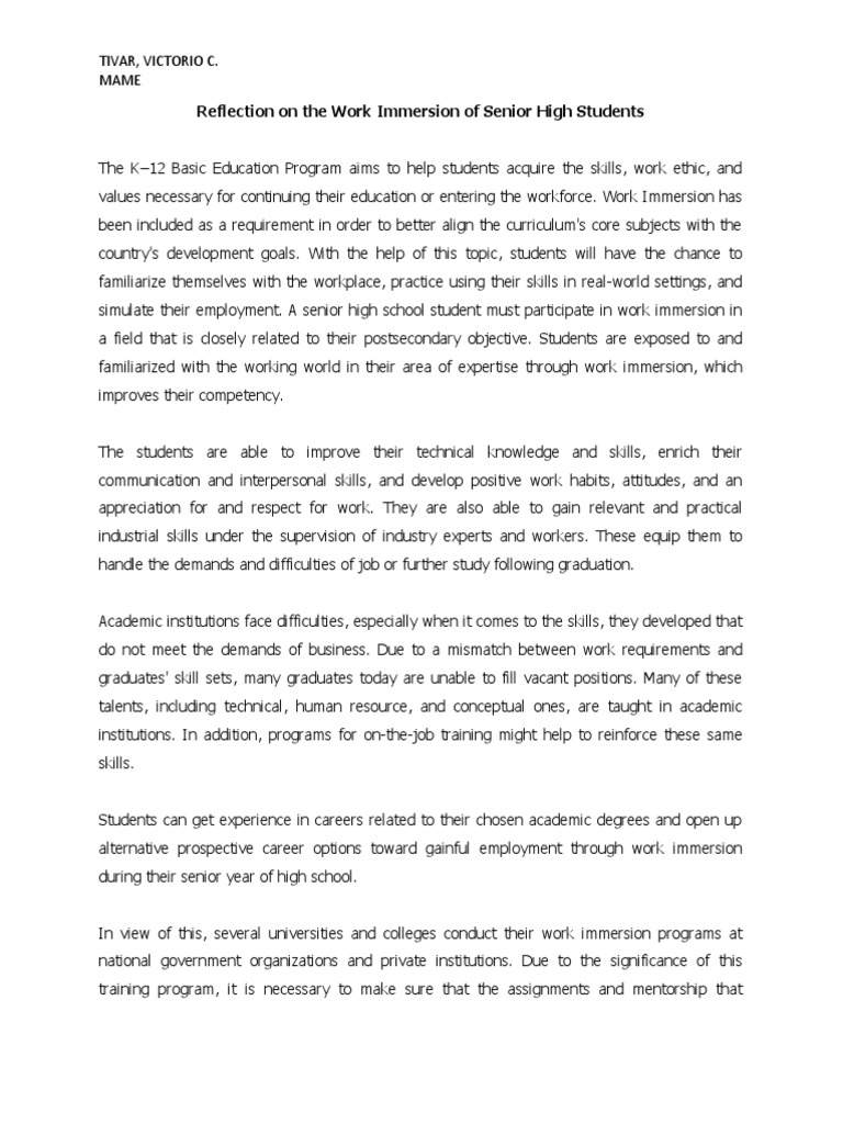 Reflection On The Work Immersion of Senior High Students | PDF | Expert ...