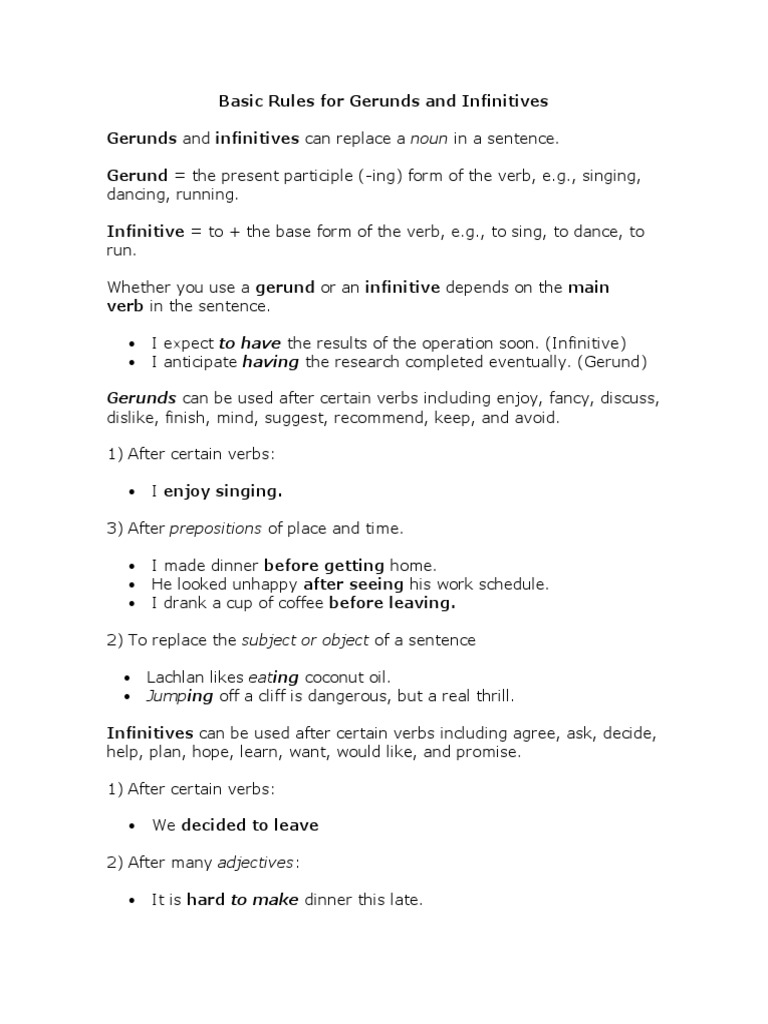 Basic Rules For Gerunds and Infinitives | PDF