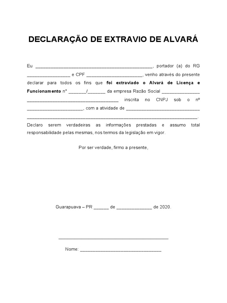 ANEXO IX Declaração Extravio de Alvará Quando Extraviar o Alvará ...