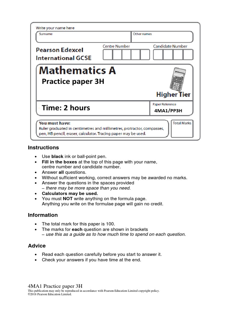 IGCSE (9-1) Maths - Practice Paper 3H | PDF | Area | Equations