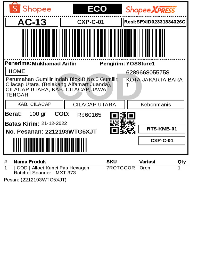 Cxp-C-01: Penerima: Yosstore1 Mukhamad Arifin Pengirim | PDF