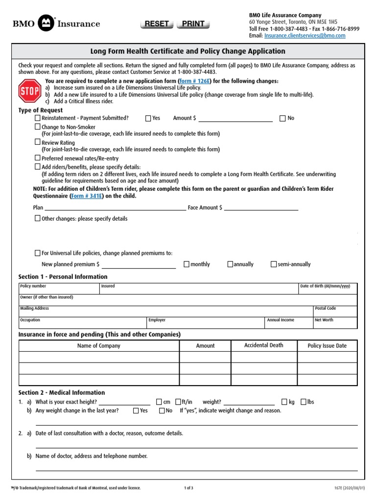 Long Form Health Certificate 167E | PDF | Insurance | Life Insurance