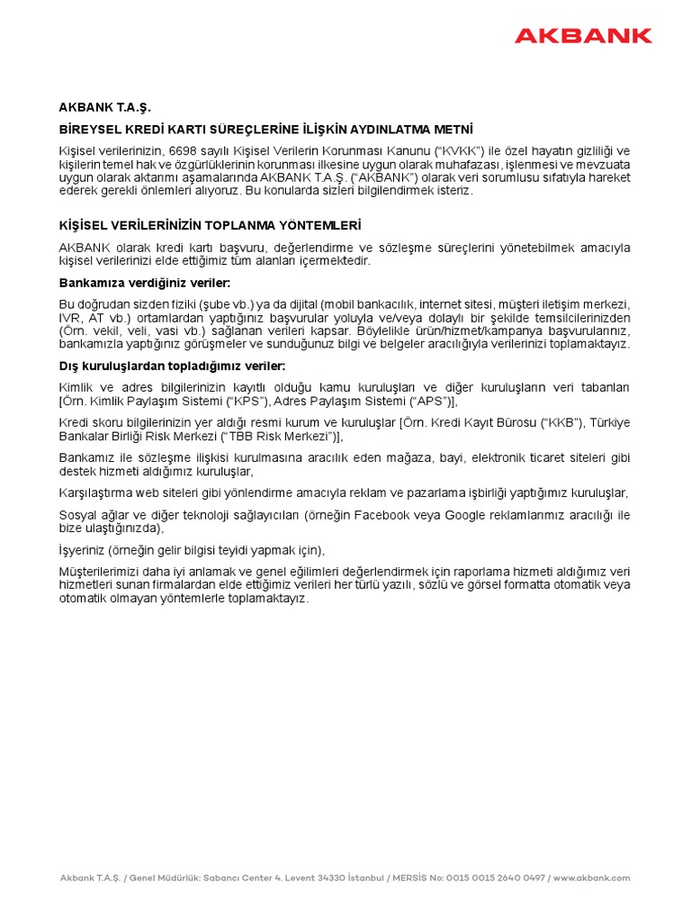 Akbank KVKK Aydinlatma Metni (Kredi Karti) | PDF Akbank KVKK Aydinlatma Metni (Kredi Karti) | PDF