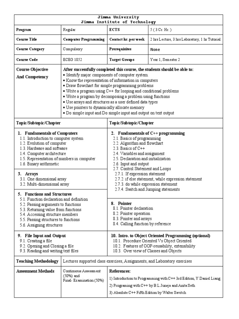 Jimma University Course Outline | PDF | C++ | Pointer (Computer ... Jimma University Course Outline | PDF | C++ | Pointer (Computer ...