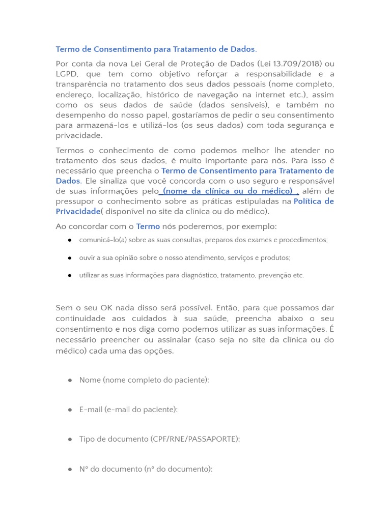 Termo de Consentimento para o Tratamento Seguro e Responsável de Dados ... Termo de Consentimento para o Tratamento Seguro e Responsável de Dados ...