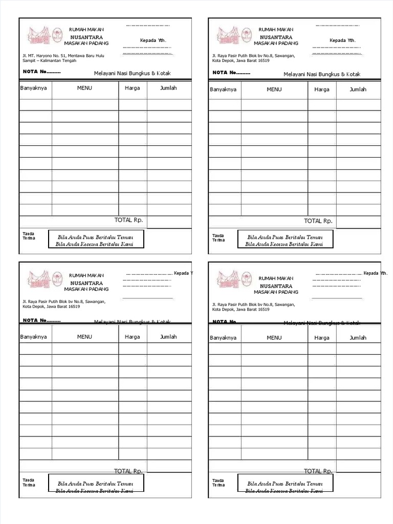 Nota Rumah Makan Word Siap Print | PDF