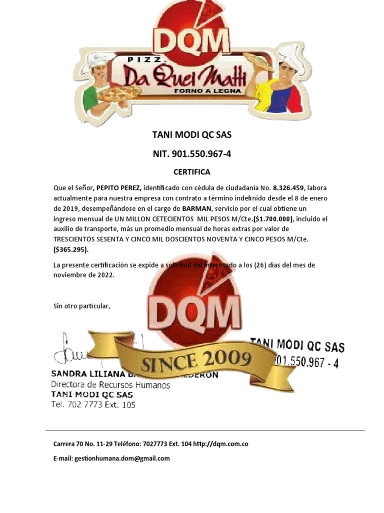 Certificacion Tani Modi QC Sas | PDF