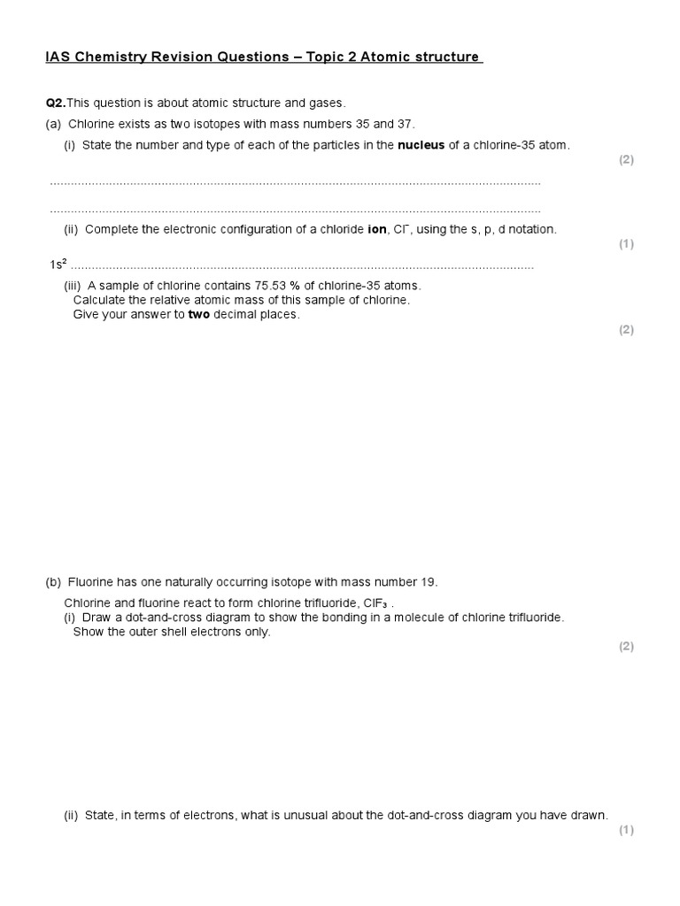 Atomic Structure Revision Questions | PDF | Atoms | Chlorine